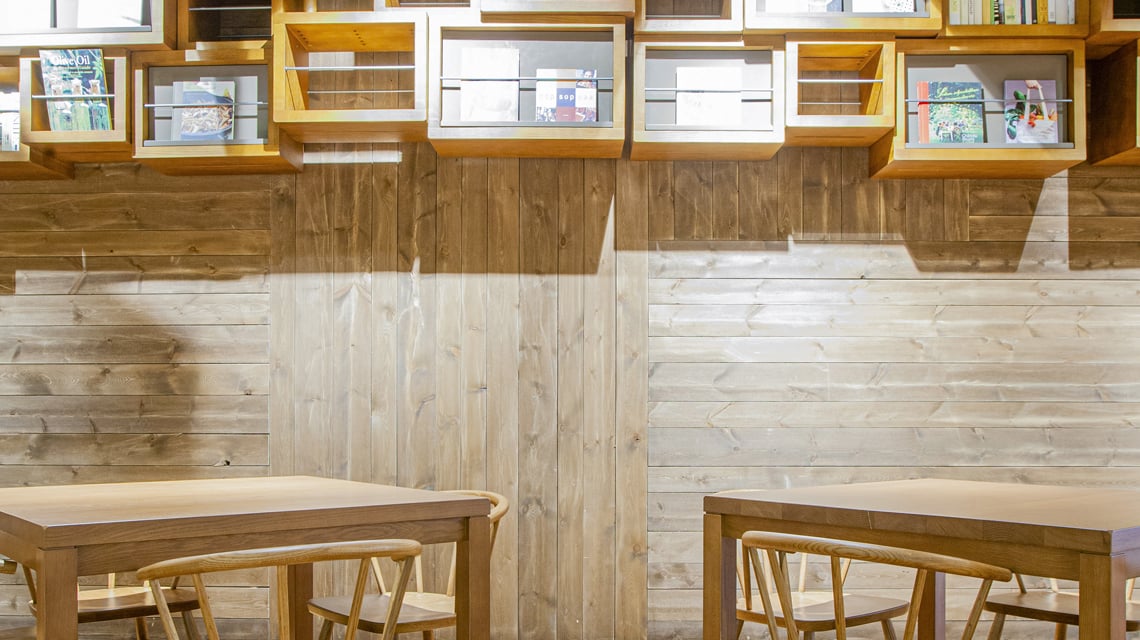 Wood is a great, trendy material for shop decor